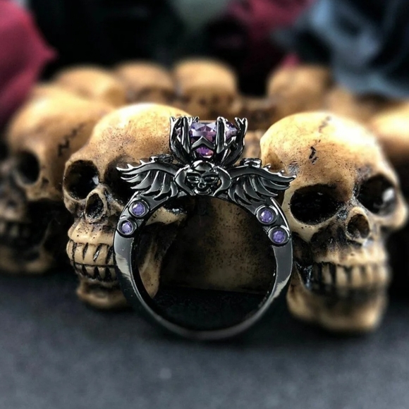 Jewelry | Sale Classic Winged Skull Amethyst Solitaire Black Gold Ring ...
